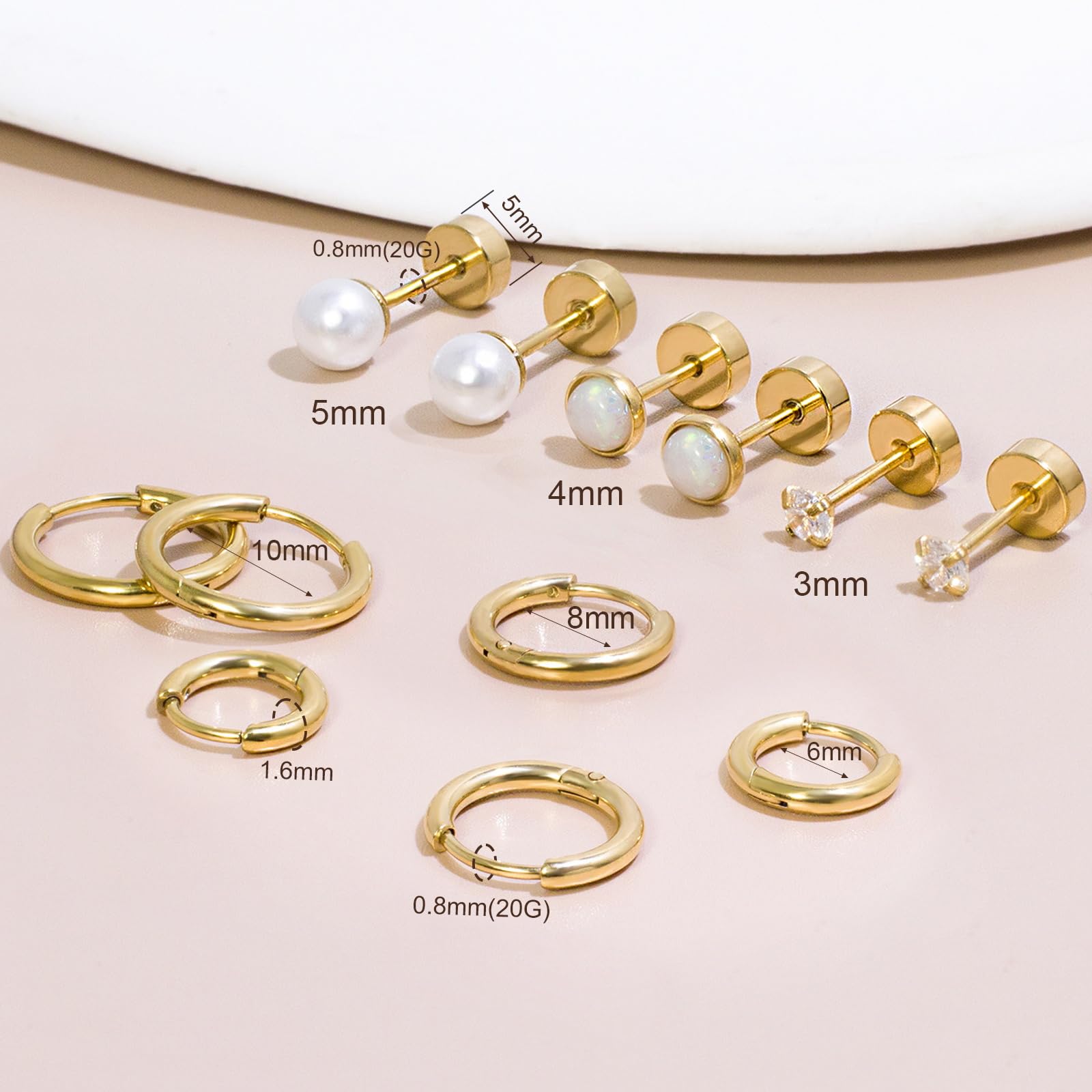 6 Pairs Gold Hoop Earrings Set, Opal/Pearl/Cubic Zirconia Stud Earrings for Sensitive Ears Hypoallergenic Small Huggie Hoop Earrings for Women Flat Back Earrings for Cartilage Helix Multiple Piercing