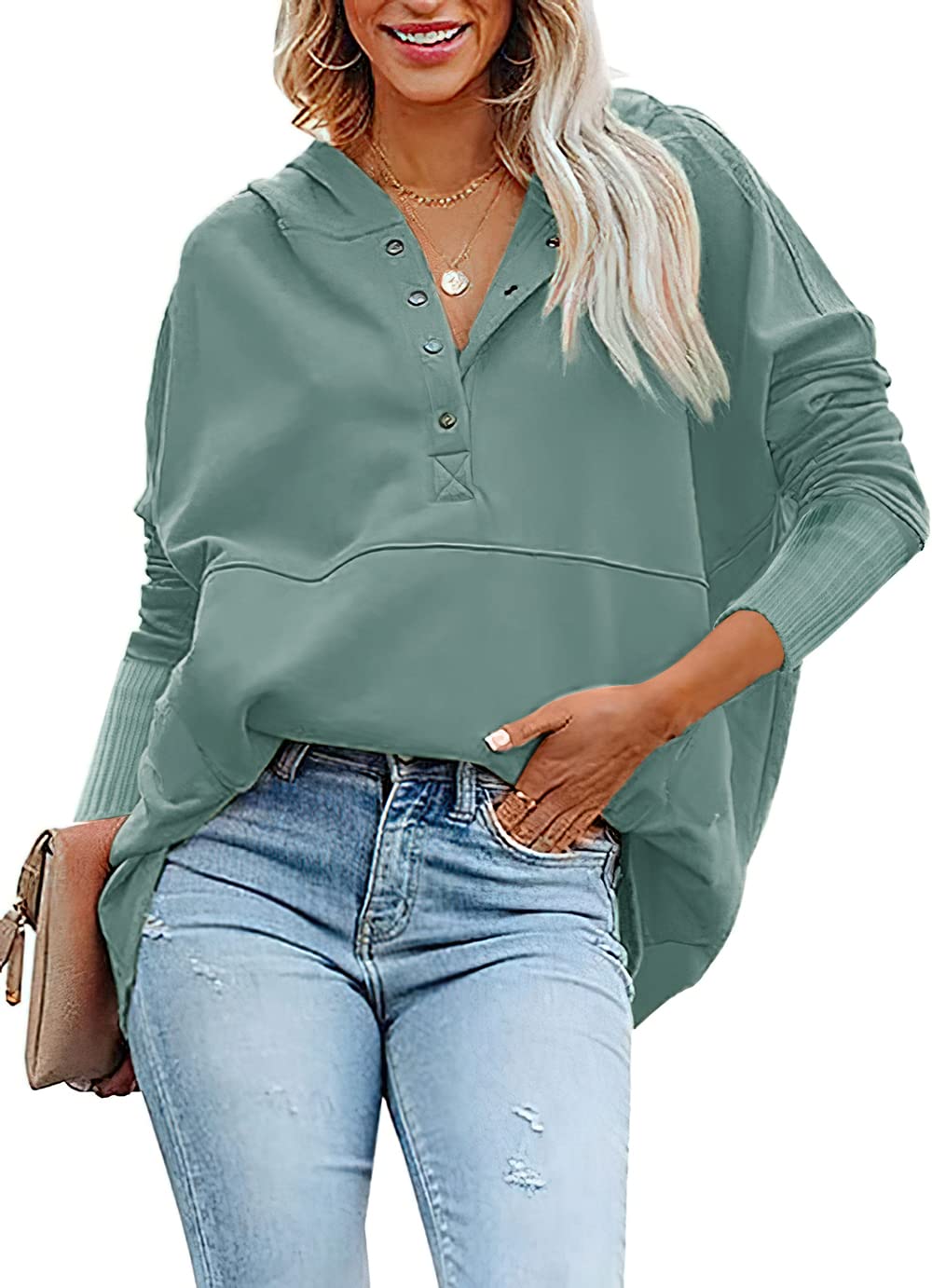 PRETTYGARDEN Loose Casual Button V Neck Hoodies for Women Long Sleeve Oversized Pullover Sweatshirt Hooded Tops Fall with Pockets (Bean Green,Large)