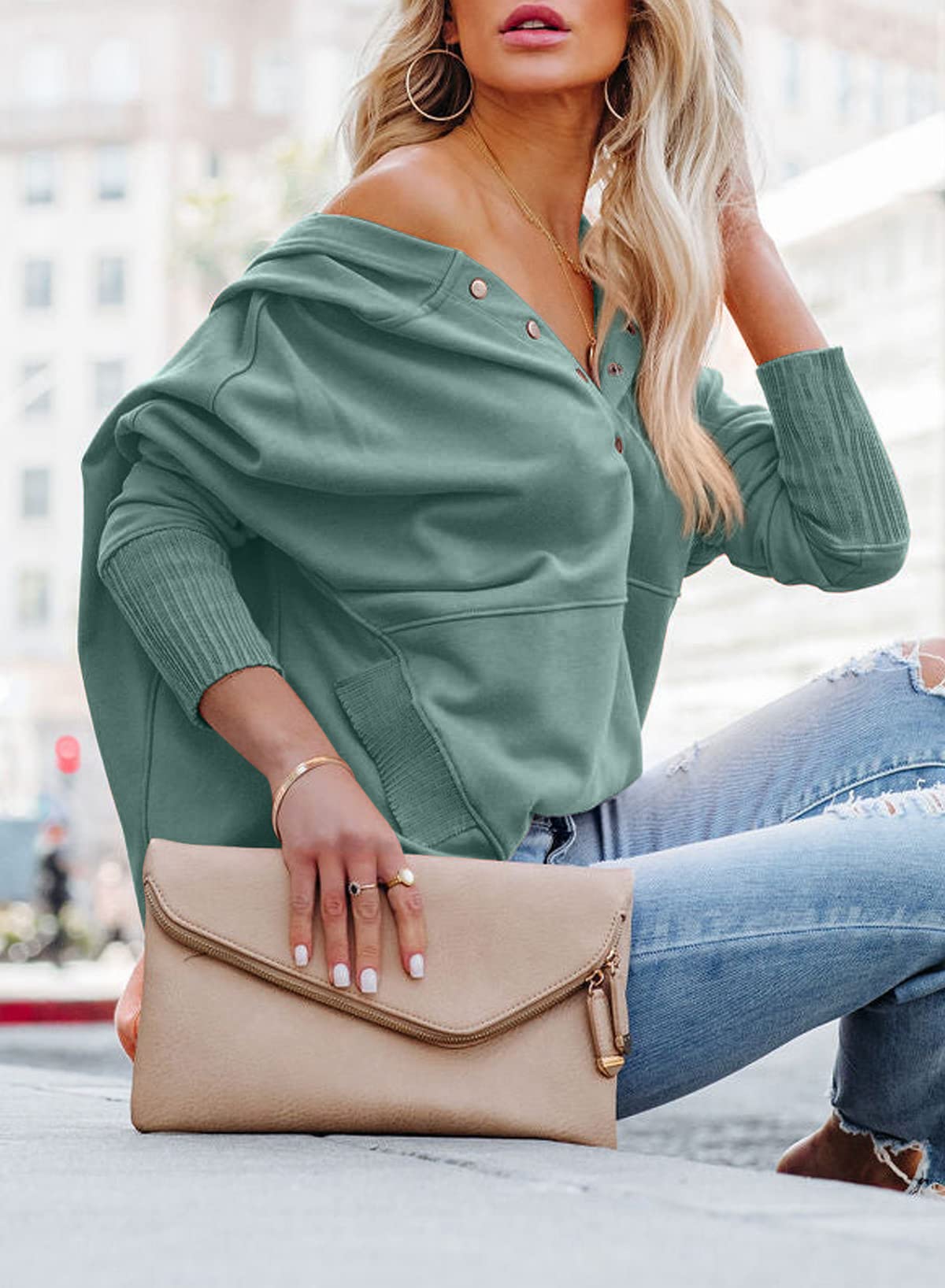PRETTYGARDEN Loose Casual Button V Neck Hoodies for Women Long Sleeve Oversized Pullover Sweatshirt Hooded Tops Fall with Pockets (Bean Green,Large)