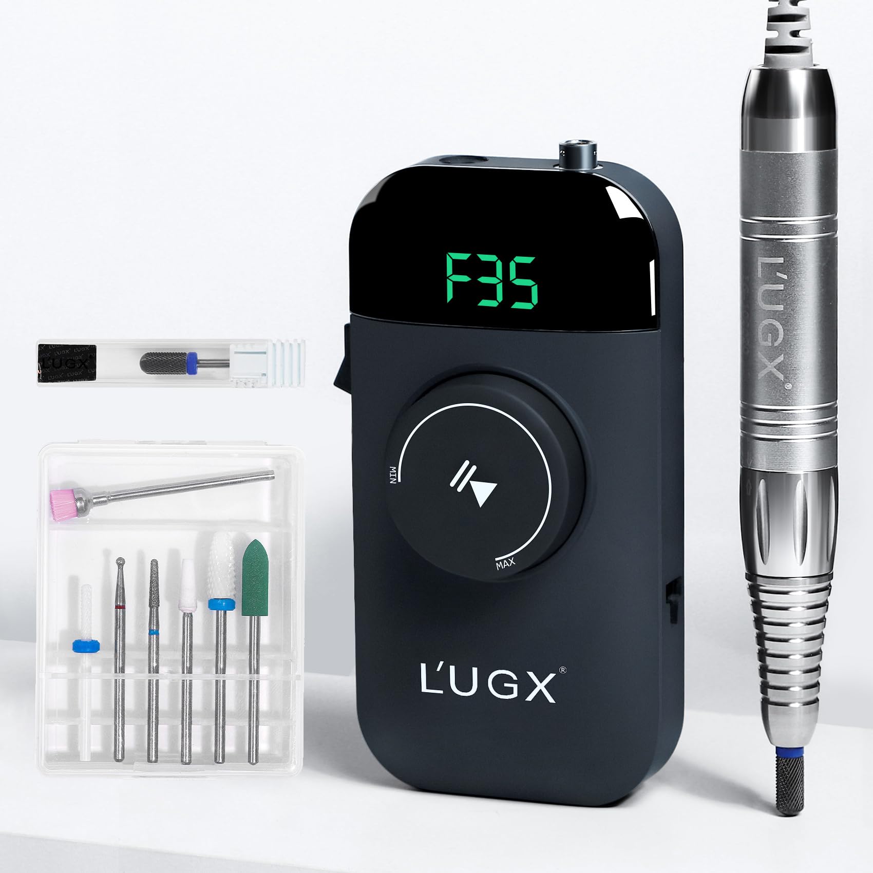 L'UGX Nail Drill 35000RPM Professional Brushless Electric Nail Drill Machine, Rechargeable Cordless Nail Efile for Acrylic Gel Nails, 8Pcs Nail Drill Bits, Low Noise Low Vibration