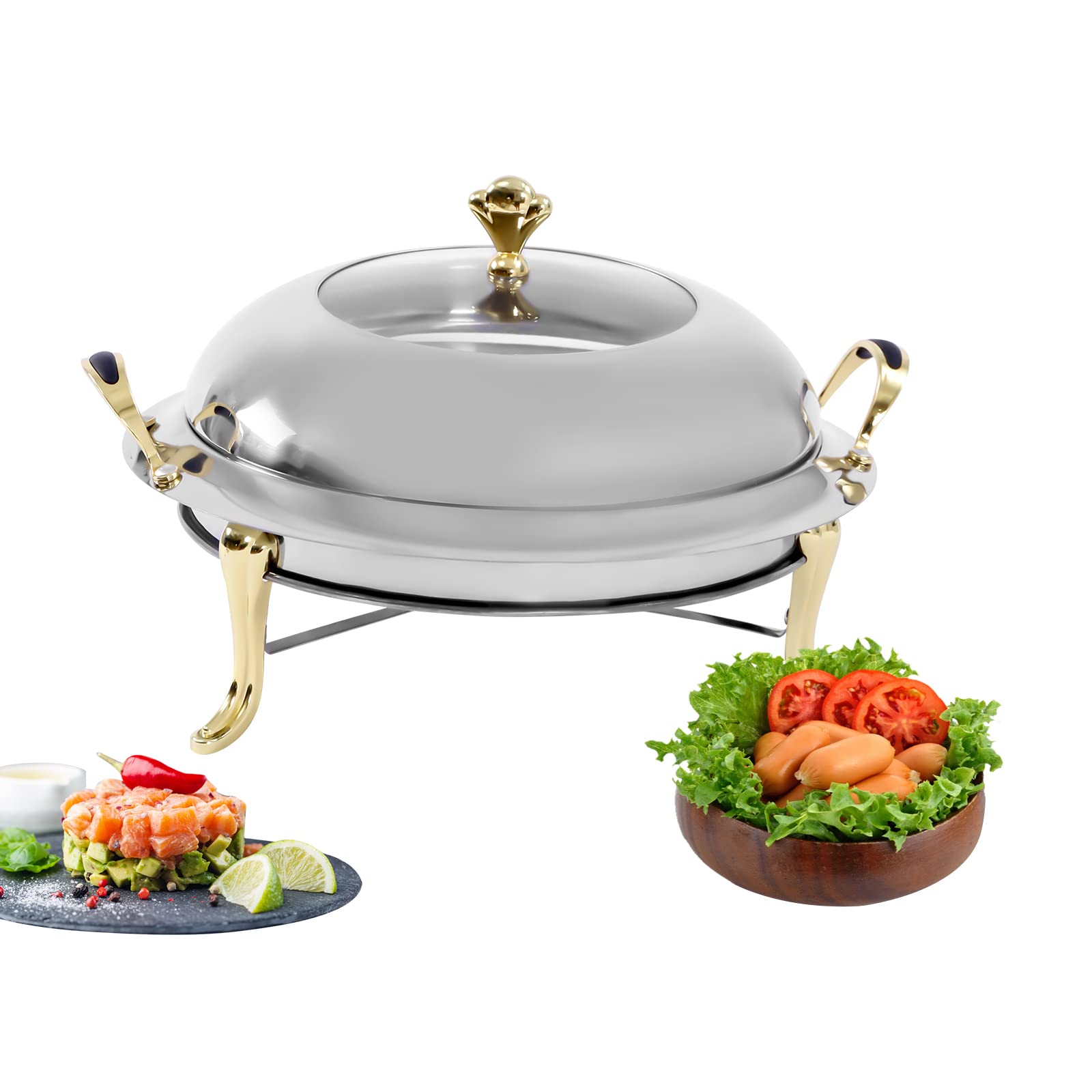 LINISHOP Chafing Dish 3L/3.17QT Round Catering Stainless Steel Chafer Chafing Dish Set Buffet Food Warmer Tray Container w/Lid and Chafing Fuel Holder for Kitchen Party Dining Buffet Camping (Gold)