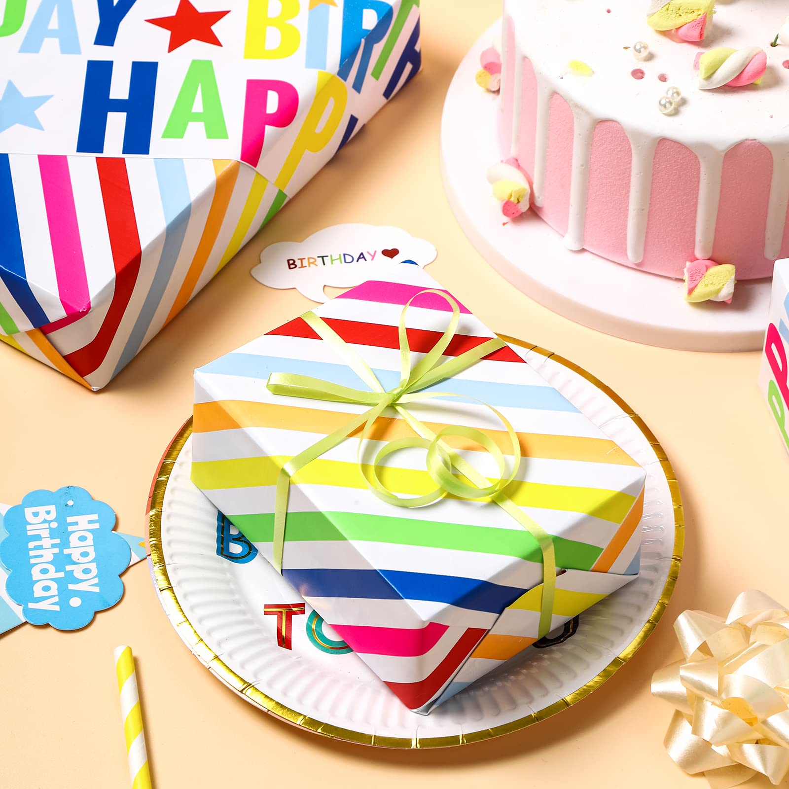 LeZakaa Reversible Birthday Wrapping Paper Jumbo Roll - Happy Birthday Lettering & Stripe - 24 inches x 100 Feet (200 sq.ft.)