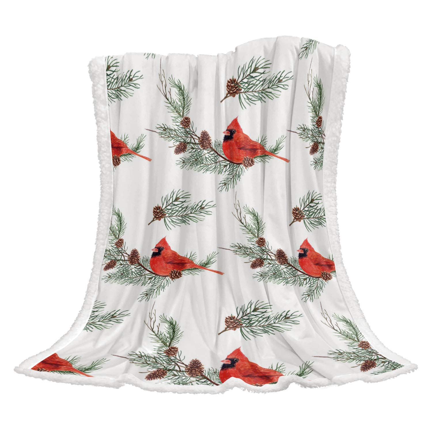 Yunnist-Store Cozy Sherpa Fleece Throw Blanket Cardinal Birds with Pine Cones Leaves Super Soft Plush Microfiber Throws, Christmas Warm Fuzzy Blankets for Bed Sofa Couch Decor