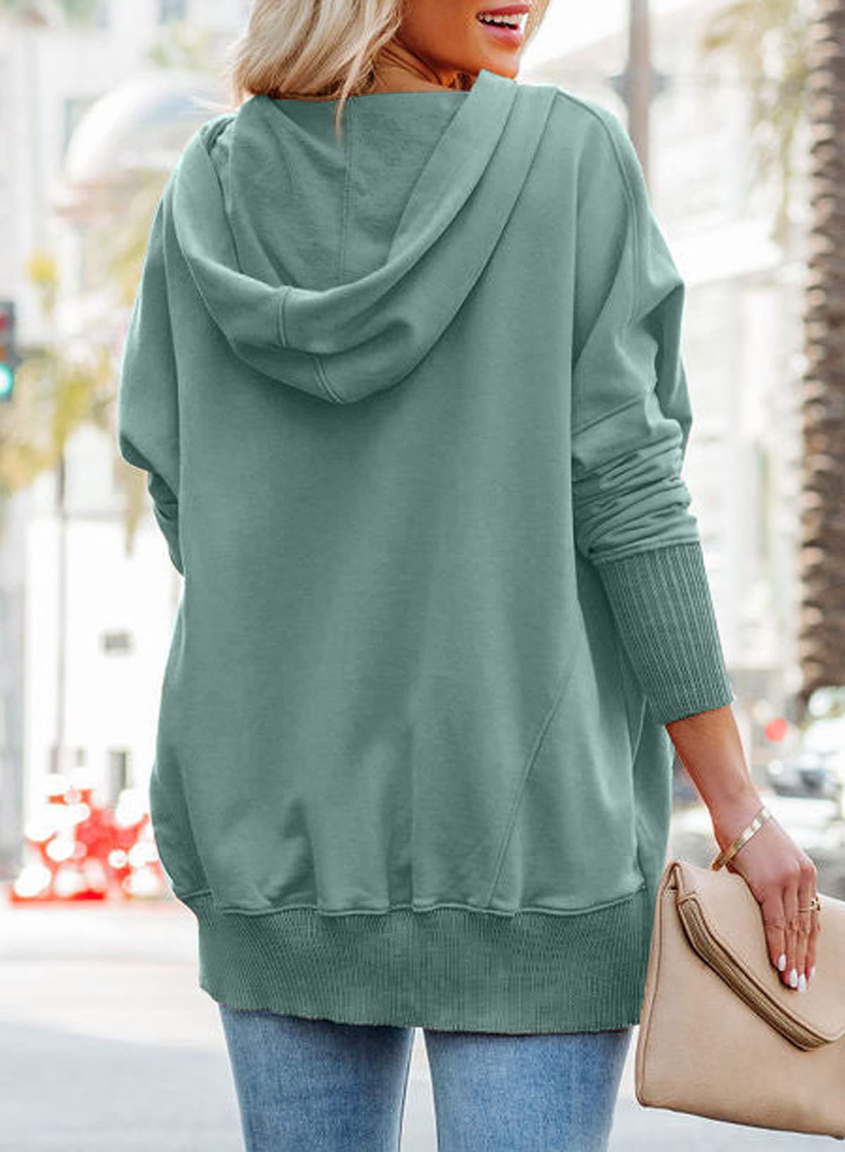 PRETTYGARDEN Loose Casual Button V Neck Hoodies for Women Long Sleeve Oversized Pullover Sweatshirt Hooded Tops Fall with Pockets (Bean Green,Large)