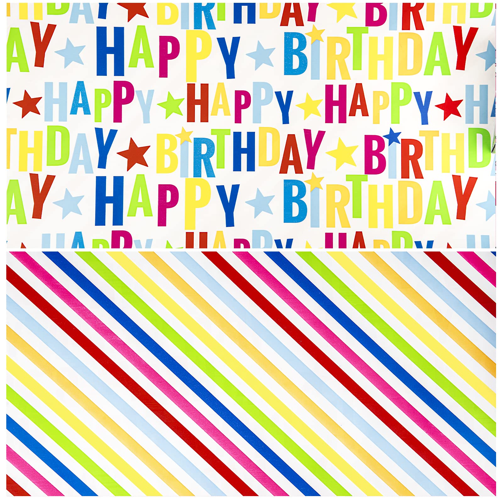 LeZakaa Reversible Birthday Wrapping Paper Jumbo Roll - Happy Birthday Lettering & Stripe - 24 inches x 100 Feet (200 sq.ft.)