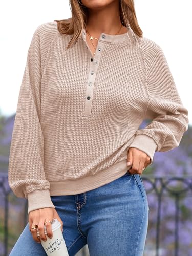 PRETTYGARDEN Womens 2023 Batwing Long Sleeve v Neck Sweater Drop Shoulder Button Waffle Knit Pullover Winter Slouchy Henley Tops (Beige, Medium)