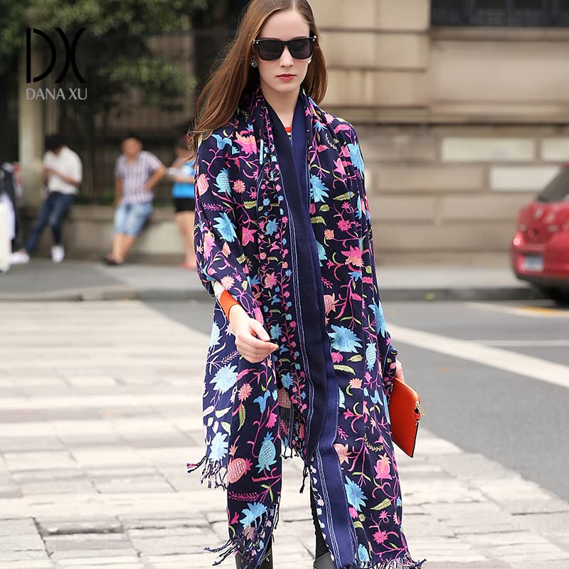 DANA XU 100% Merino Wool Extra Large Pashmina Blanket Travel Scarf Cashmere Wrap for Women Fall Winter Oversize Shawl Floral