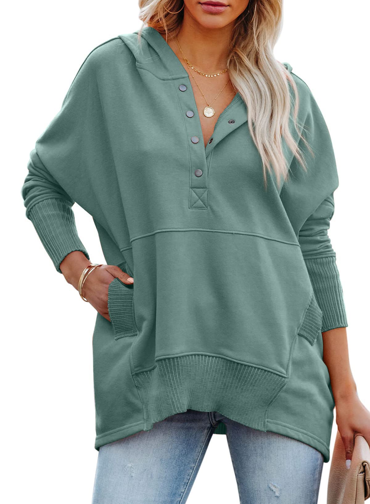 PRETTYGARDEN Loose Casual Button V Neck Hoodies for Women Long Sleeve Oversized Pullover Sweatshirt Hooded Tops Fall with Pockets (Bean Green,Large)