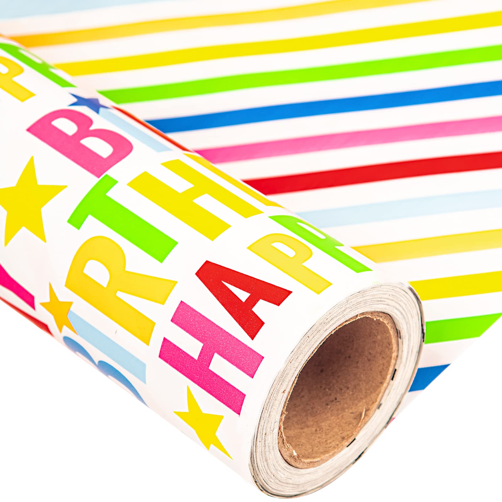 LeZakaa Reversible Birthday Wrapping Paper Jumbo Roll - Happy Birthday Lettering & Stripe - 24 inches x 100 Feet (200 sq.ft.)