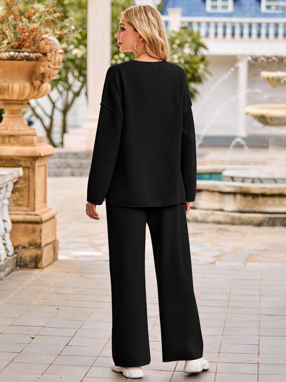 MEROKEETY Women's 2 Piece Outfit Sets Long Sleeve Button Knit Pullover Sweater and Pants Lounge Sets Black Large
