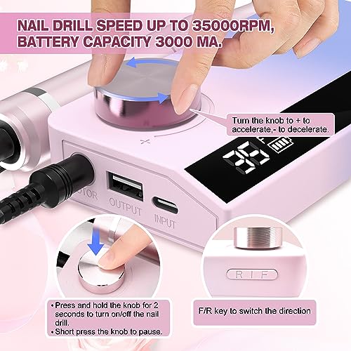 Professional Nail Drill Machine,Electric Acrylic Gel Nails Kit Portable E File 35000RPM Rechargeable Manicure Pedicure Polishing Shape Tools for Home and Salon (UV-501(Multicolor))