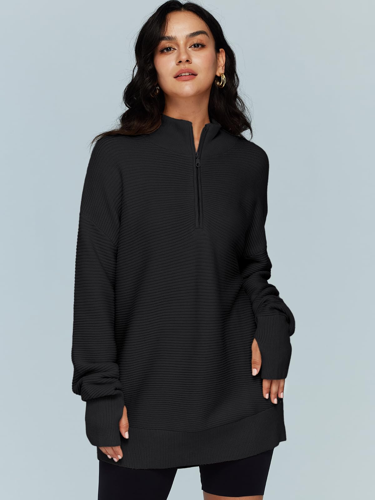 LILLUSORY Women's Half Zip Pullover Fall Trendy V Neck Sweatshirts Long Sleeve Knit Sweater Y2K 2023 Casual Winter Tops Black