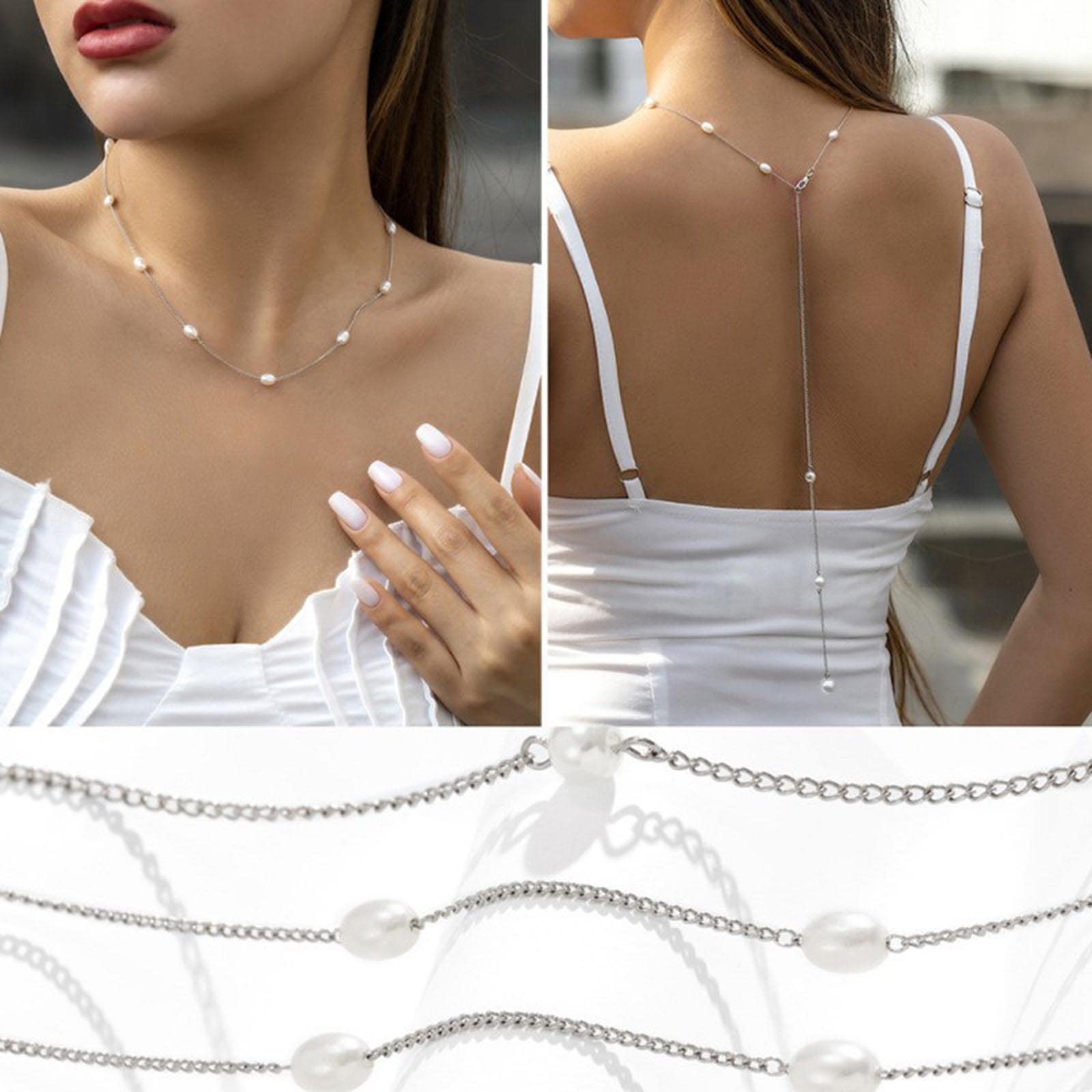 Zeshimb Pearl Back Chain Necklace Long Pearl Chain Drop Y Necklace Sexy Back Body Chain Wedding Bridal Backdrop Necklace Jewelry for Women