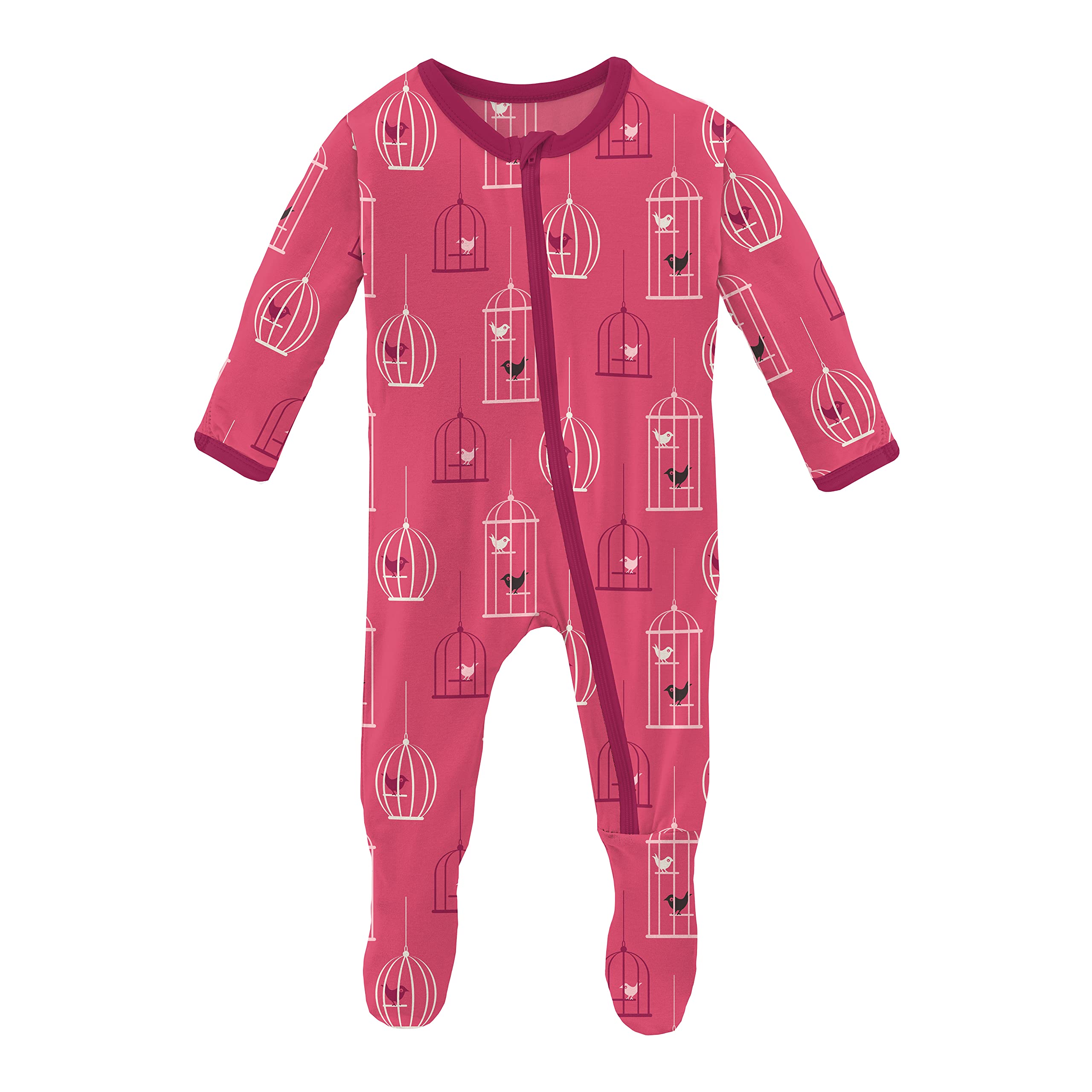 KicKee Print Footie with Zipper, Fitted Long Sleeve Pajamas, Ultra Soft Everyday One-Piece Loungewear, Anniversary (Winter Rose Birdcage - 6-9 Months)