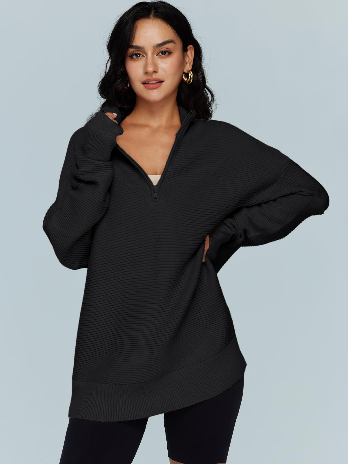 LILLUSORY Women's Half Zip Pullover Fall Trendy V Neck Sweatshirts Long Sleeve Knit Sweater Y2K 2023 Casual Winter Tops Black