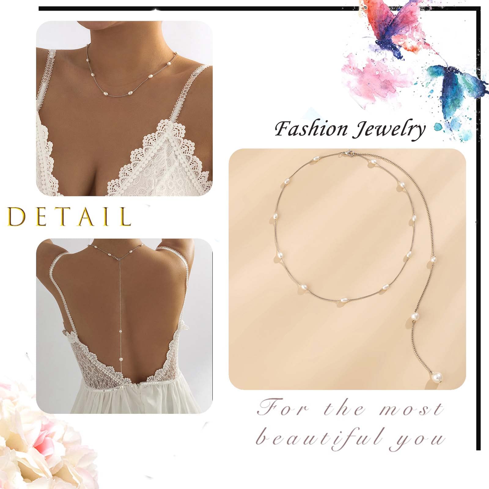 Zeshimb Pearl Back Chain Necklace Long Pearl Chain Drop Y Necklace Sexy Back Body Chain Wedding Bridal Backdrop Necklace Jewelry for Women