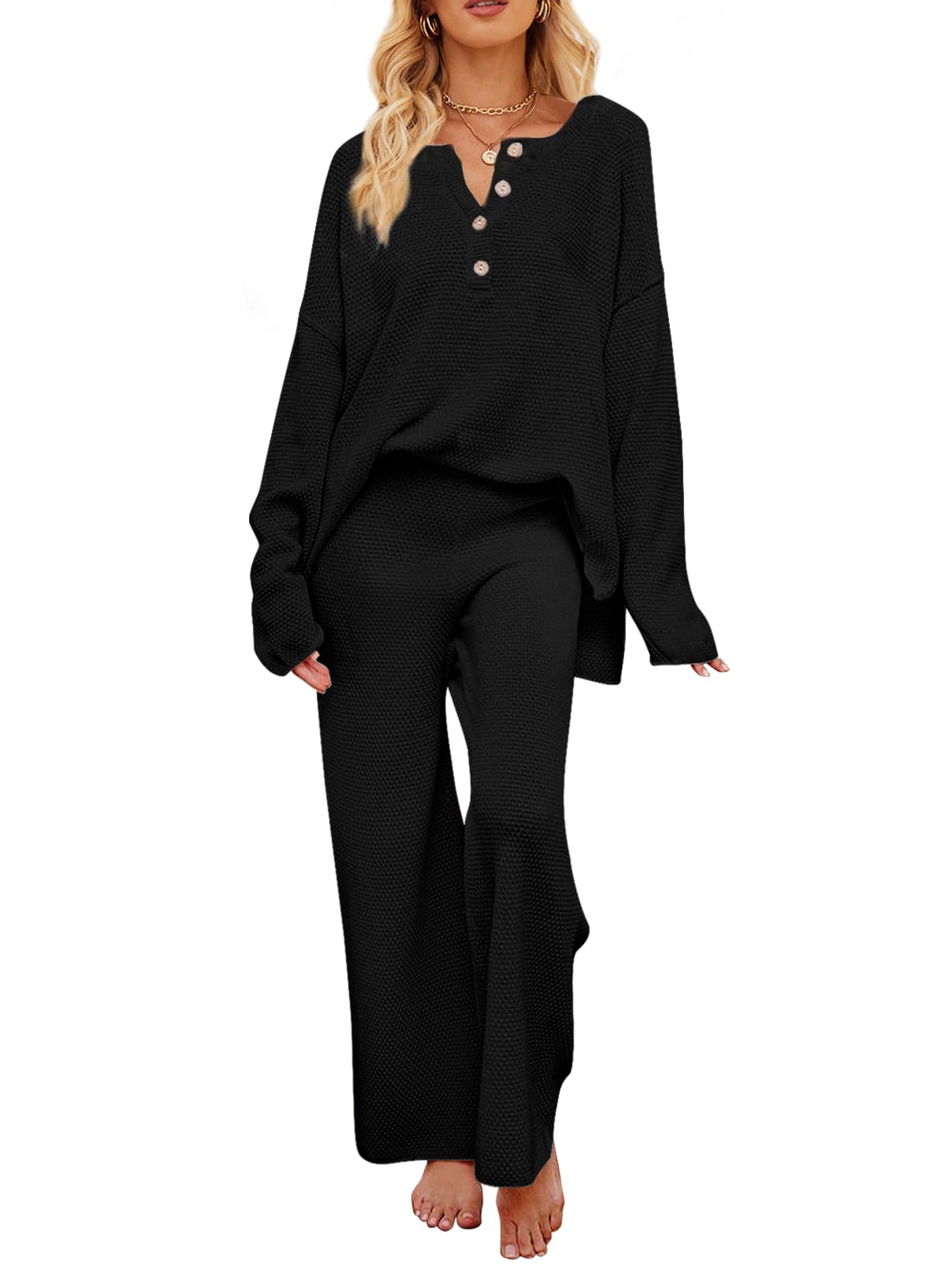 MEROKEETY Women's 2 Piece Outfit Sets Long Sleeve Button Knit Pullover Sweater and Pants Lounge Sets Black Large