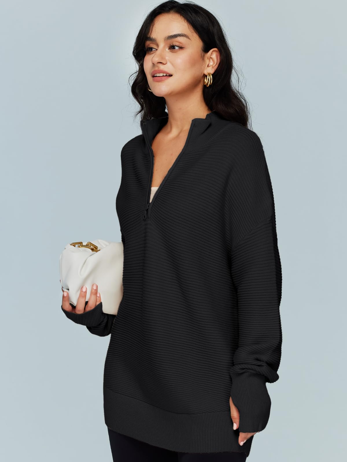 LILLUSORY Women's Half Zip Pullover Fall Trendy V Neck Sweatshirts Long Sleeve Knit Sweater Y2K 2023 Casual Winter Tops Black