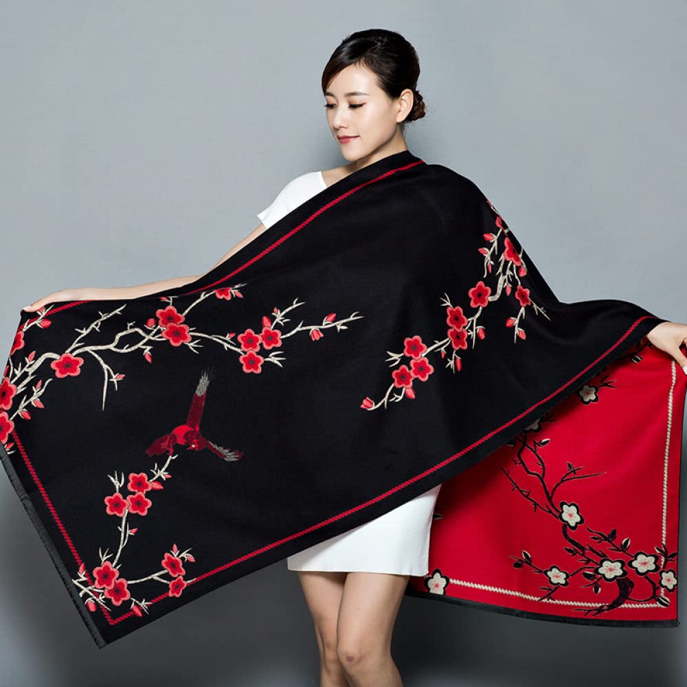 Scarfs,Women's Autumn Winter Cold-Proof Scarf Retro Black Plum Blossom Branch Flower Bird Jacquard Ethnic Warm Soft Cashmere Touch Scarf Thick Blanket Wedding Prom Party Shawl Scarf
