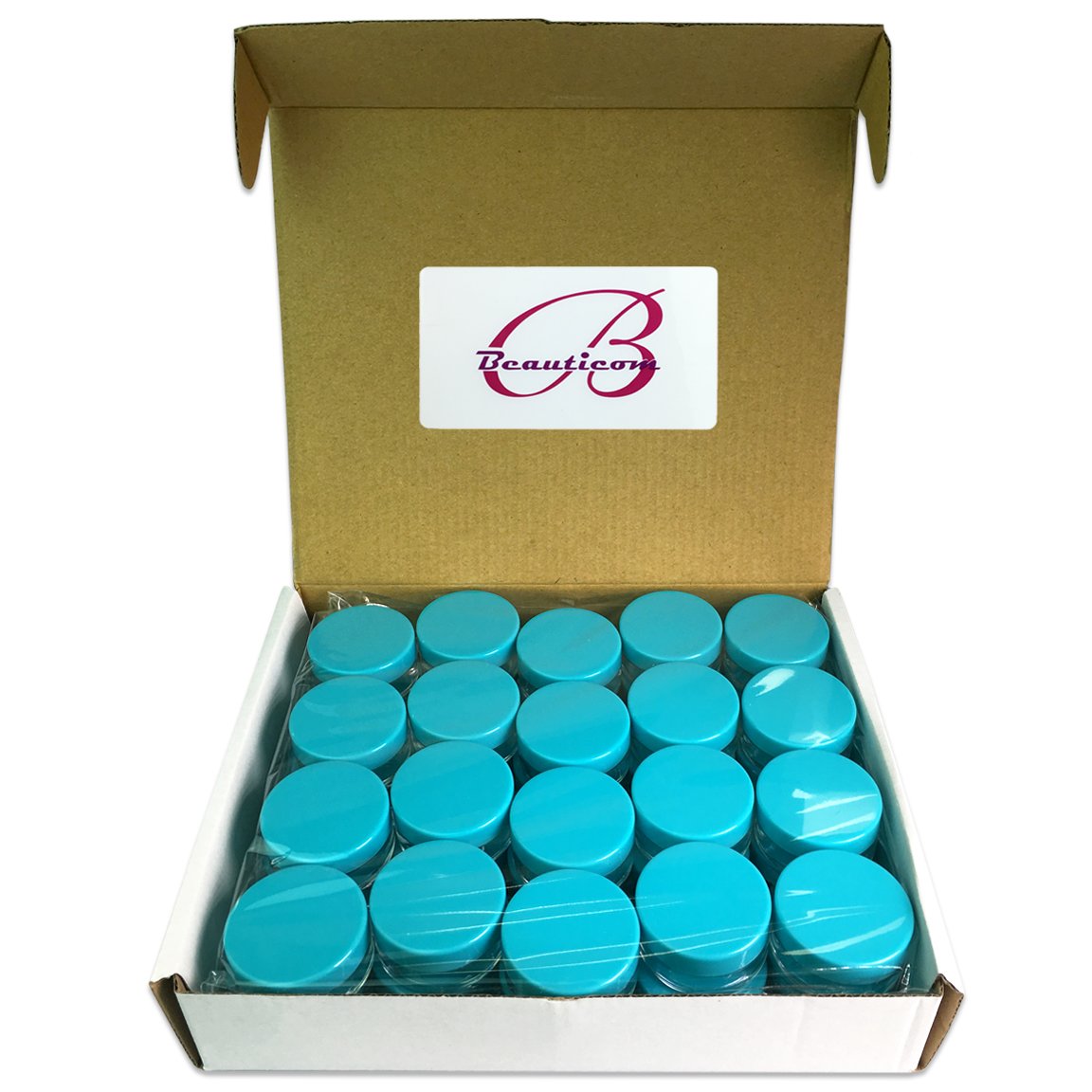 (Quantity: 100 Pieces) BeauticomĀ® 10G/10ML Round Clear Jars with TEAL Sky Blue Lids for Acrylic Powder, Rhinestones, Charms and Other Nail Accessories - BPA Free
