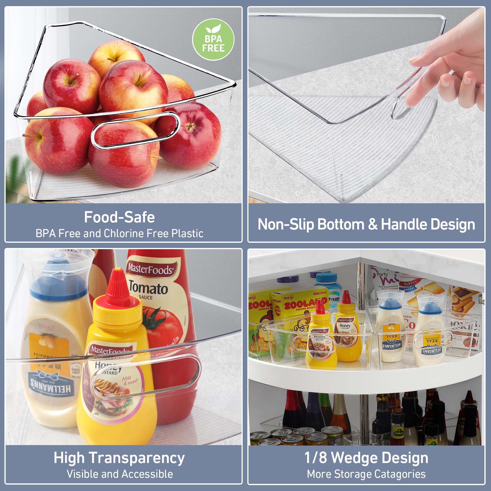 Leeden Lazy Susan Organizer for 26" Diameter Corner Lazy Susan, Plastic Kitchen Cabinet Storage Bins with Handle, 8 Packs, 1/8 Wedge - Food Safe, BPA Free