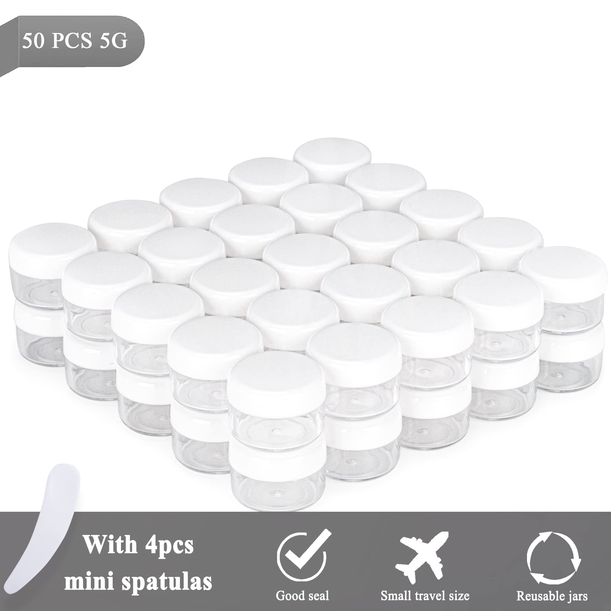 50PCS 5 Gram Sample Containers, 5ml Empty Jars with Lids, Small Cosmetic Containers, Mini Sample Jars with 4PCS Mini Spatulas for Make Up, Oils, Lotion, Powder, Paint, Jewelry, Lip Balms(White Lid)