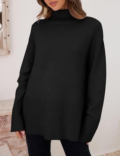 ZESICA Women's Turtleneck Sweaters Fall Winter Long Sleeve Oversized Split Hem Knitted Pullover Jumper Sweater Tops,Black,Large