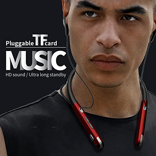 Neckband Bluetooth Headphones Wireless Earbuds 50H Continuous Working Time IPX5 Lightweight Foldable Sports Earphones with Built-in Mic HD Call Noise Cancelling for Trucker Workout (Red), AK01-02