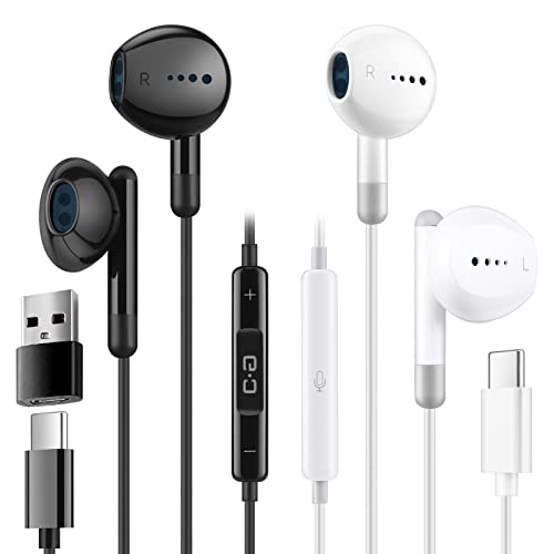 2 Packs of USB C Headphones, Type C Earbuds with Mic for Galaxy S22 Ultra Plus S21 S20, Pixel 6, OnePlus 10 Pro, iPad Pro Air Mini, USB-A to USB-C Adapter for Laptop Computer Use, White + Black