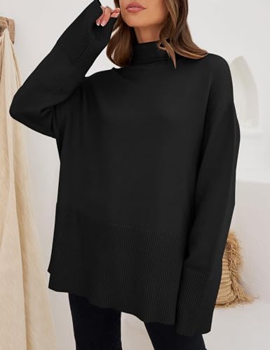 ZESICA Women's Turtleneck Sweaters Fall Winter Long Sleeve Oversized Split Hem Knitted Pullover Jumper Sweater Tops,Black,Large