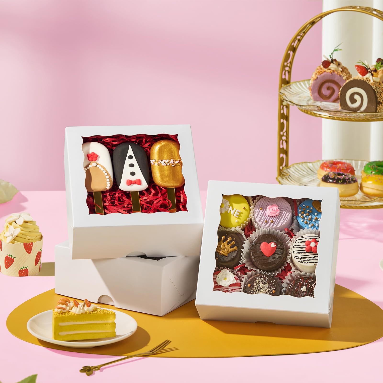 JCXGRVC 55pcs 6"x6"x2½ Bakery Boxes with Window Cookie Boxes Small Cake Boxes Macaron Boxes Pie Boxes Truffle Chocolate Boxes
