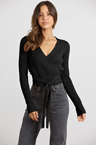 PRETTYGARDEN Women's Fashion Wrap V Neck Cropped Sweater Long Sleeve Solid Slim Fit Belted Pullover Ribbed Knit Sweater Tops(X-Large, Black)