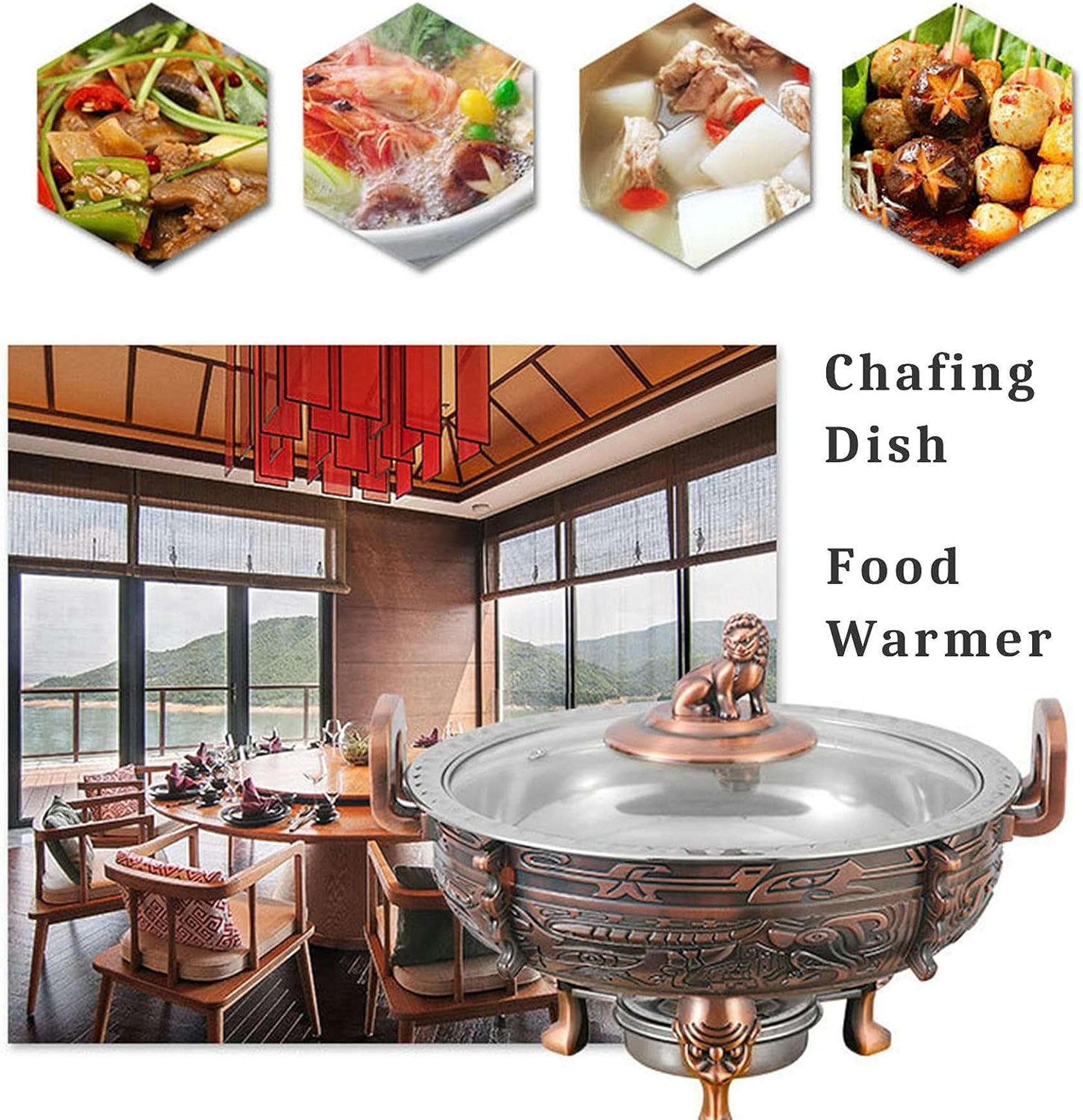 FLTRGO Red Bronze Chafing Dish, Round Buffet Server Trays with Glass Lids and Alcohol Furnace, for Kitchen Buffet Dining Party Wedding Banquet