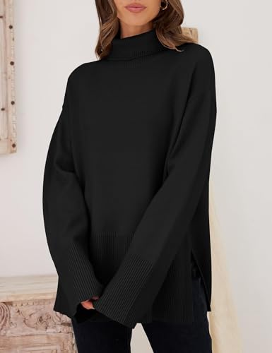 ZESICA Women's Turtleneck Sweaters Fall Winter Long Sleeve Oversized Split Hem Knitted Pullover Jumper Sweater Tops,Black,Large