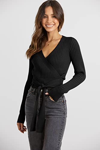 PRETTYGARDEN Women's Fashion Wrap V Neck Cropped Sweater Long Sleeve Solid Slim Fit Belted Pullover Ribbed Knit Sweater Tops(X-Large, Black)