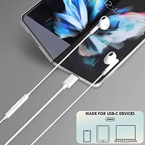 2 Packs of USB C Headphones, Type C Earbuds with Mic for Galaxy S22 Ultra Plus S21 S20, Pixel 6, OnePlus 10 Pro, iPad Pro Air Mini, USB-A to USB-C Adapter for Laptop Computer Use, White + Black