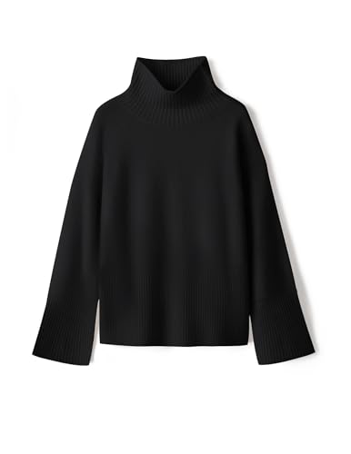 ZESICA Women's Turtleneck Sweaters Fall Winter Long Sleeve Oversized Split Hem Knitted Pullover Jumper Sweater Tops,Black,Large