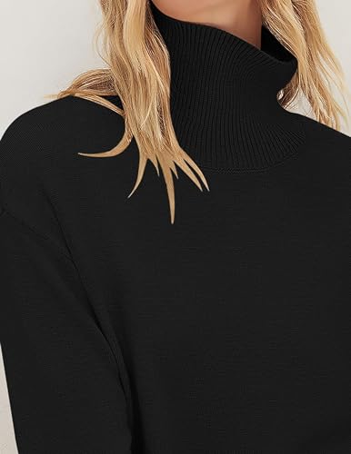 ZESICA Women's Turtleneck Sweaters Fall Winter Long Sleeve Oversized Split Hem Knitted Pullover Jumper Sweater Tops,Black,Large