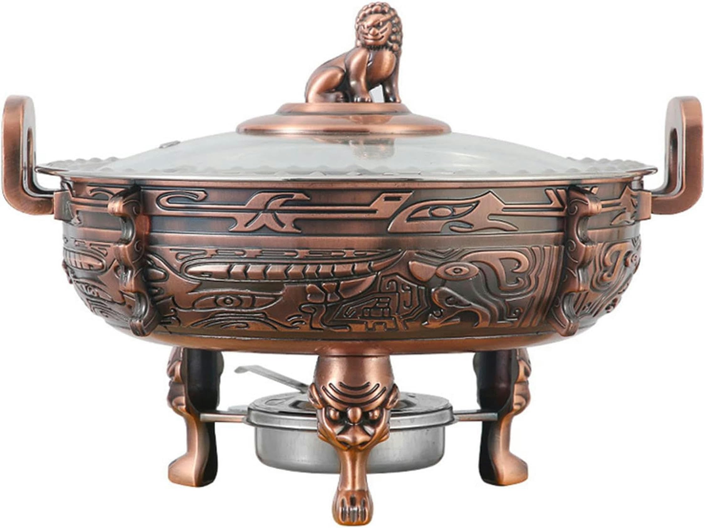 FLTRGO Red Bronze Chafing Dish, Round Buffet Server Trays with Glass Lids and Alcohol Furnace, for Kitchen Buffet Dining Party Wedding Banquet