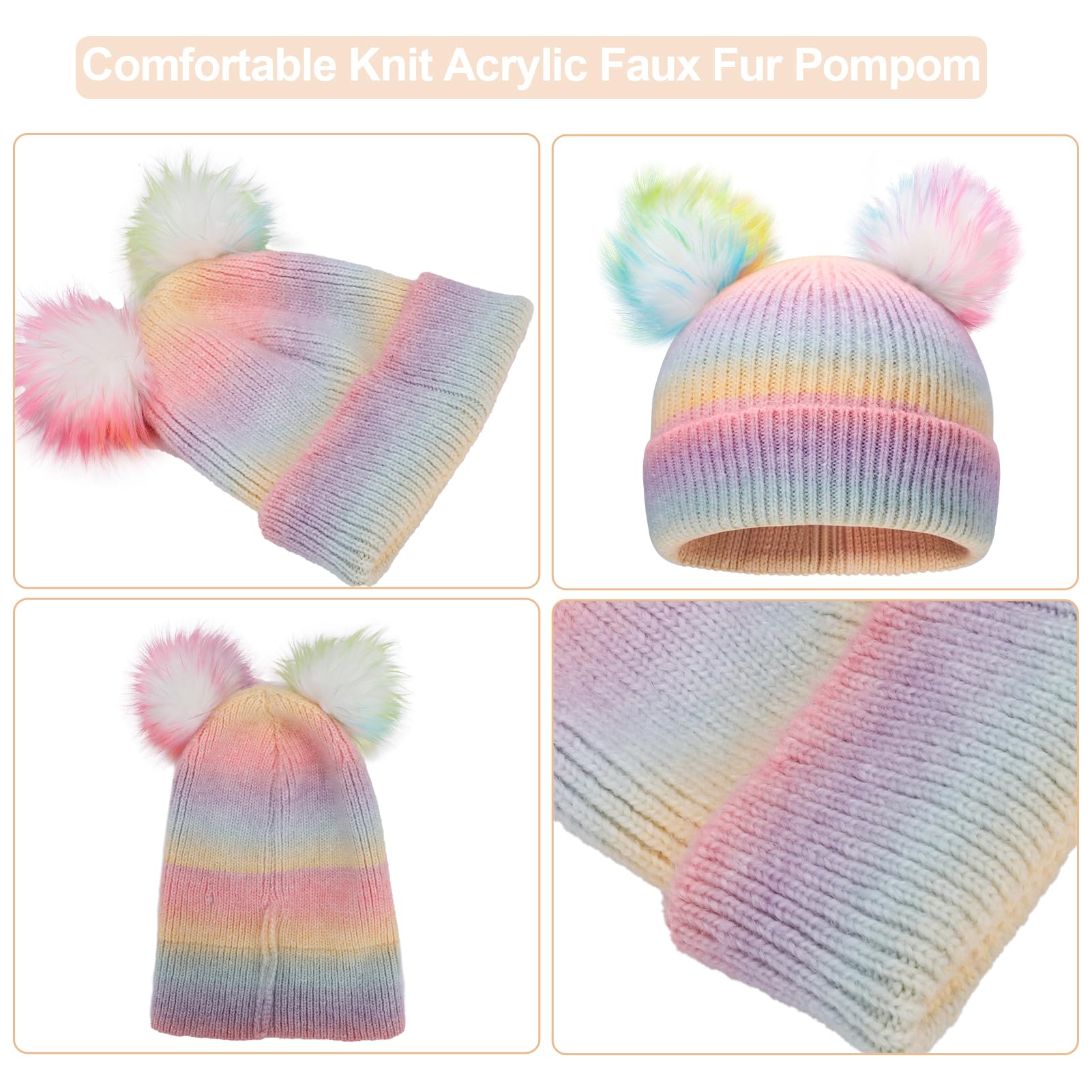 ACTLATI Kids Winter Knitted Beanie Hat Colorful Pompom Ears Ski Hat for Boy Girl(Ages 7-12)