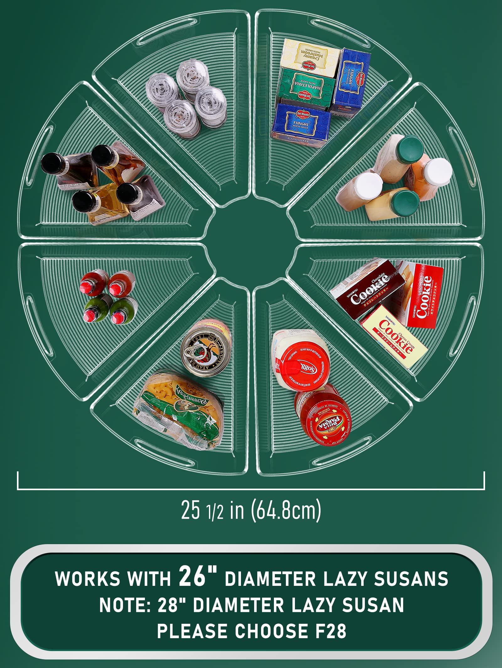 JEISSLIA Lazy Susan Cabinet Organizer Bins for 26"/ 28"/ 32" Diameter Corner Lazy Susan, Plastic Cabinet Storage Bin, 1/8 Wedge-Food Safe, BPA Free, with Non-slip Pads (for 26" Lazy Susan, 8 Pack)