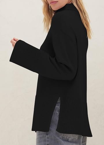 ZESICA Women's Turtleneck Sweaters Fall Winter Long Sleeve Oversized Split Hem Knitted Pullover Jumper Sweater Tops,Black,Large