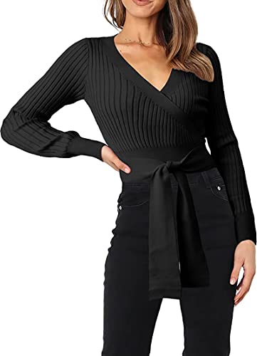 PRETTYGARDEN Women's Fashion Wrap V Neck Cropped Sweater Long Sleeve Solid Slim Fit Belted Pullover Ribbed Knit Sweater Tops(X-Large, Black)