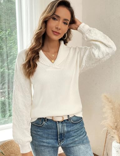 ZHENWEI Women's 2023 Fall Winter Long Sleeve V Neck Solid Color Casual Polo Collared Chunky Cable Knit Pullover Sweater Tops Cream White L