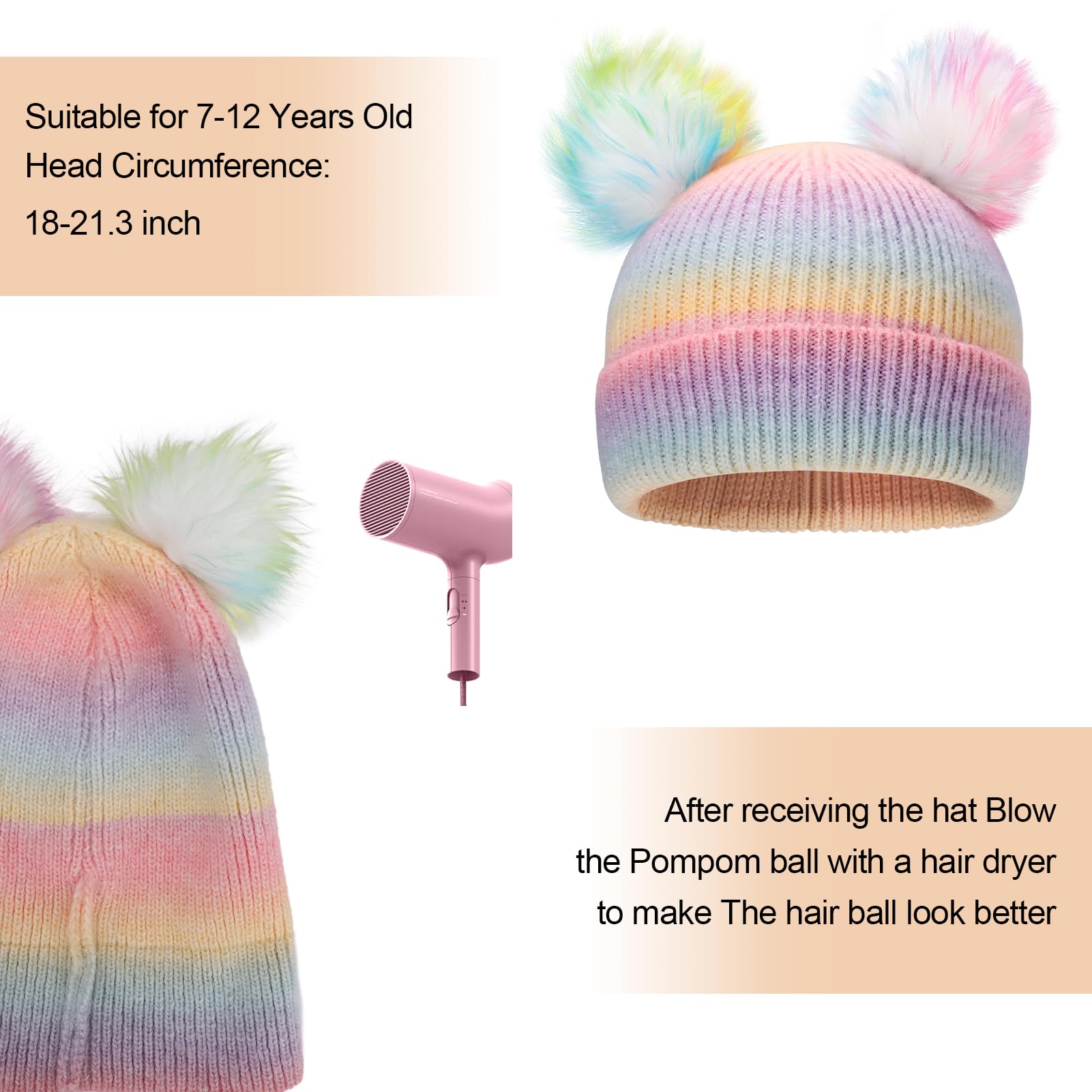 ACTLATI Kids Winter Knitted Beanie Hat Colorful Pompom Ears Ski Hat for Boy Girl(Ages 7-12)