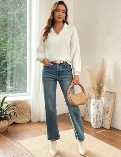 ZHENWEI Women's 2023 Fall Winter Long Sleeve V Neck Solid Color Casual Polo Collared Chunky Cable Knit Pullover Sweater Tops Cream White L