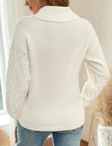 ZHENWEI Women's 2023 Fall Winter Long Sleeve V Neck Solid Color Casual Polo Collared Chunky Cable Knit Pullover Sweater Tops Cream White L
