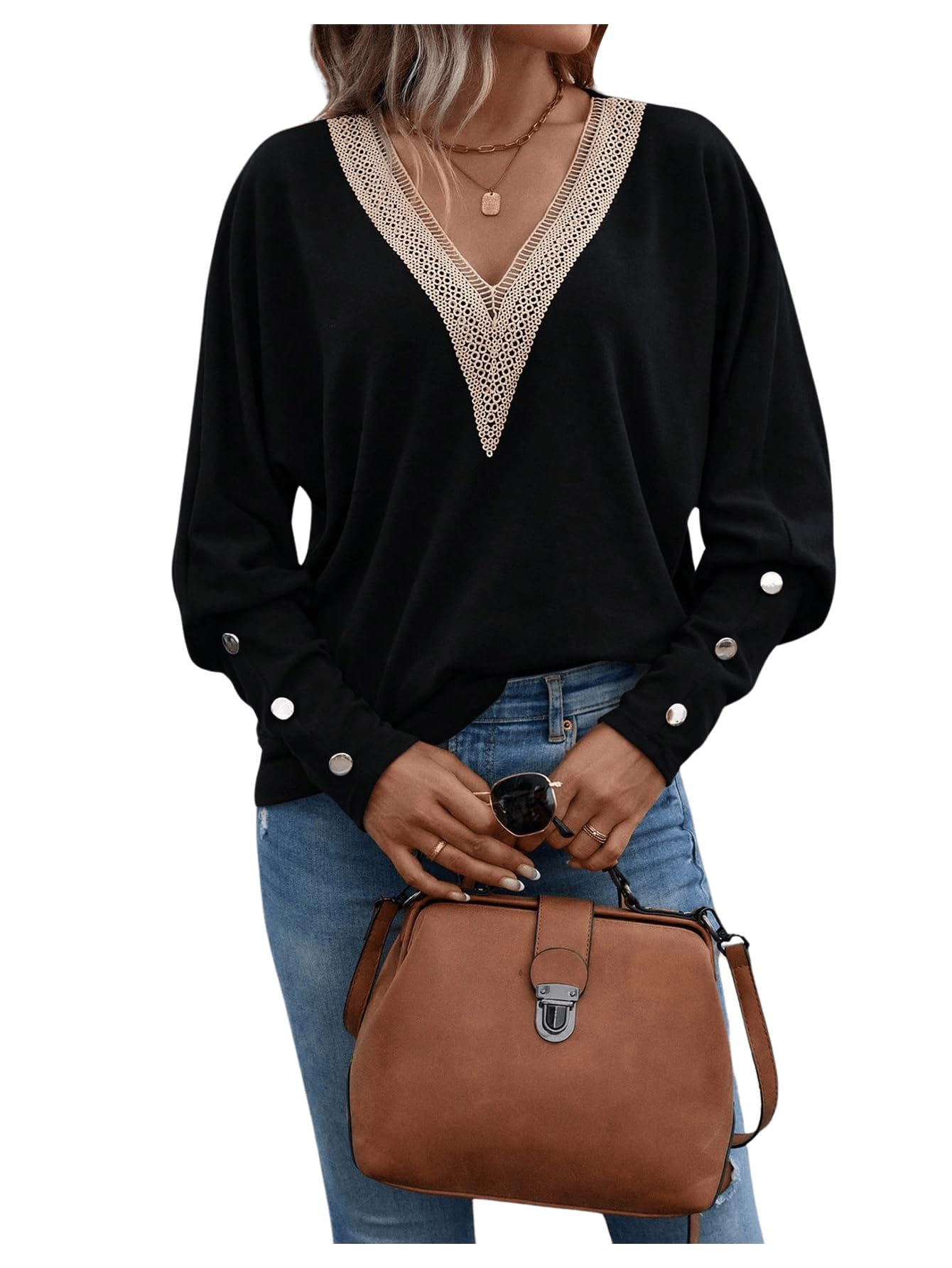 GORGLITTER Women's Guipure Lace Long Sleeve Sweatshirt V Neck Casual Pullover Tops Black Medium