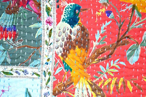 V Vedant Designs Bird Print Patchwork Cotton Kantha Quilt Throw Blanket Bedspread Gudari (Twin Size)