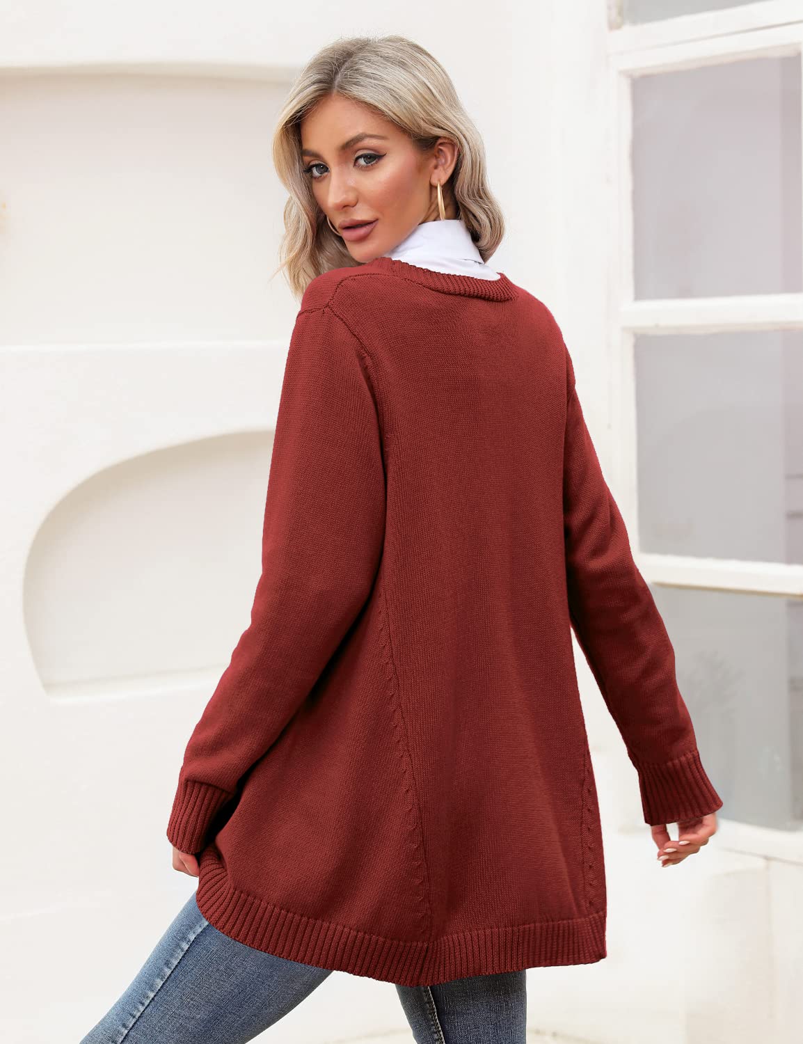 YESNO Women's Sweater with Swing Hem Oversized 2022 Long Sleeve V Neck Knit Pullover Tops Tunic Sweaters with Drop Pockets L WM9TYP1 Rust